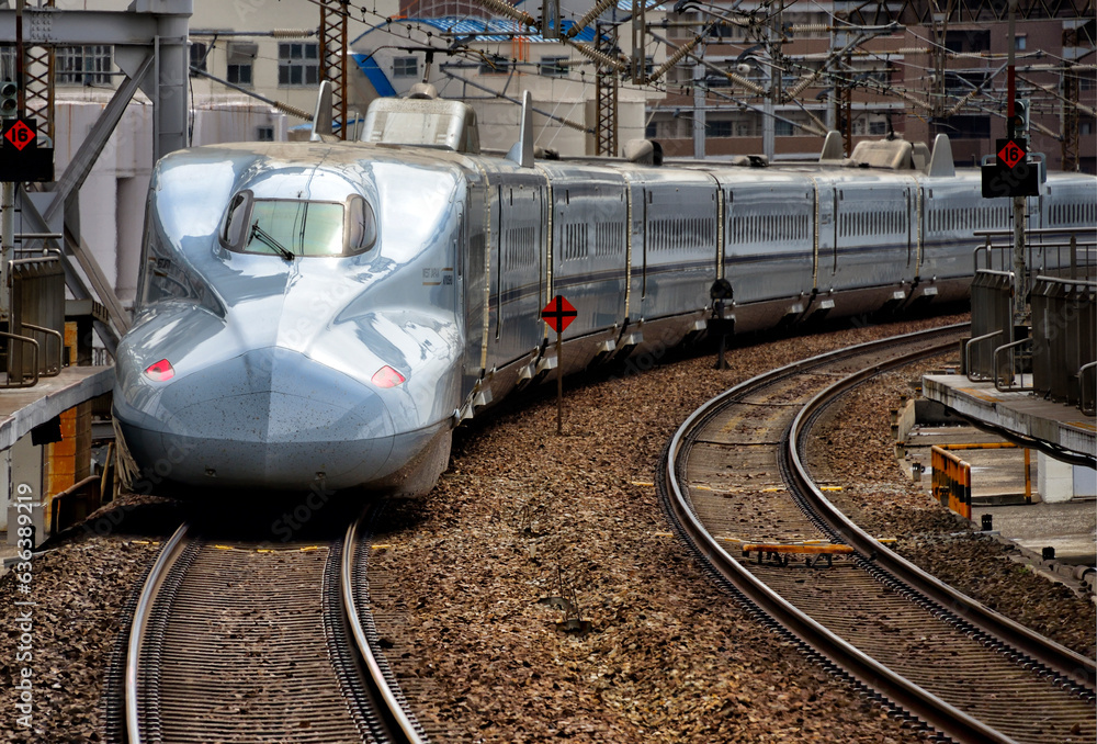 Okayama, Japan, Asia - Okayama train station, JR Kyushu Shinkansen N700 train just arriving to ...