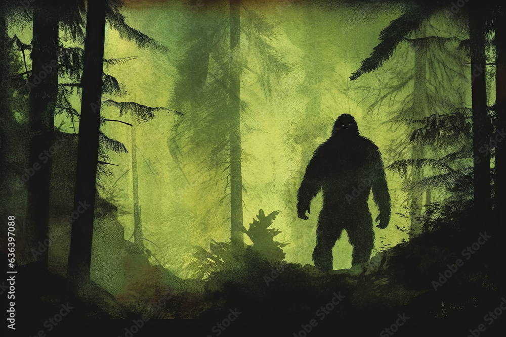 Mysterious Bigfoot silhouette in a dark green forest, sparking feelings of intrigue and ...