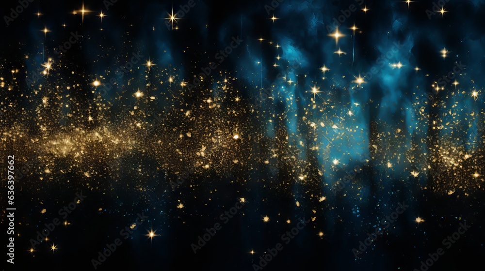 Beautiful gold glittering stars and star dust. Gold effect pixie dust on blue and black bokeh ...