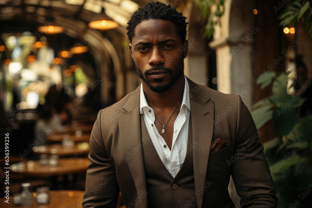 A commanding African man stands tall in an elegant velvet blazer paired ...