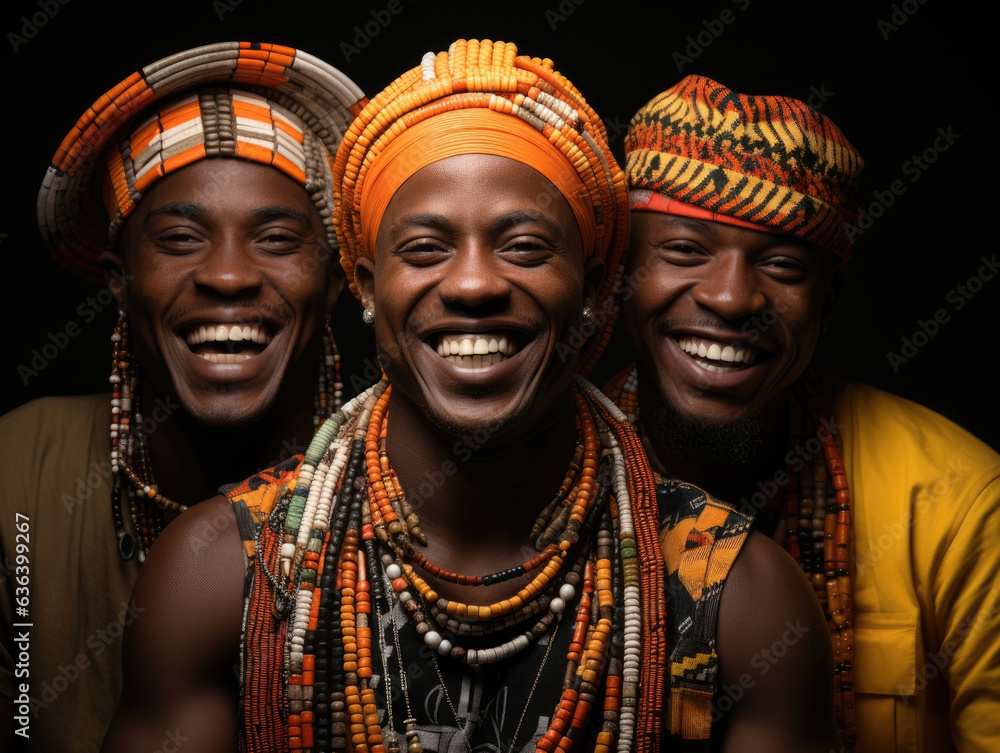 Three African men smile brightly as they stand in a circle each with a ...