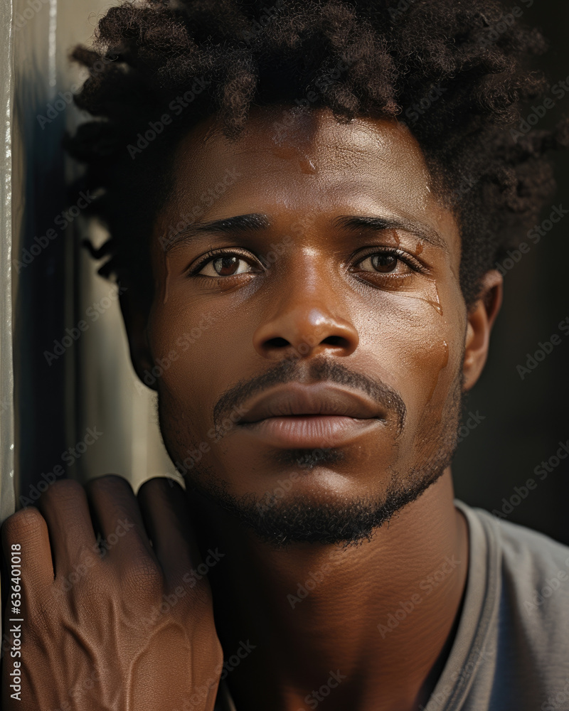 young African man leans in close to examine his face in the mirror. His ...