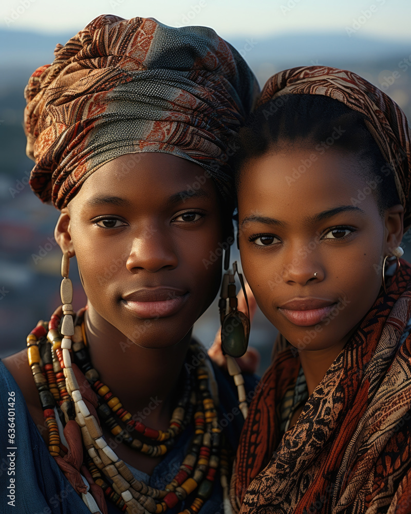 Two African siblings stand next to a buzzing cityscape their ...