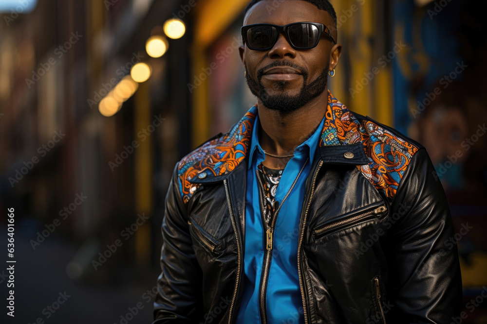An edgy African American man wears a black leather bomber jacket lined ...