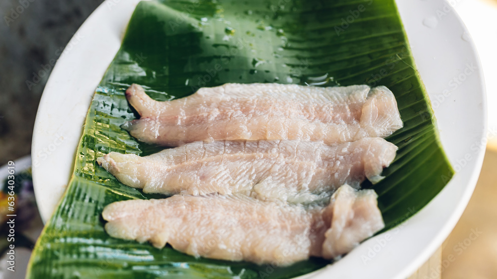 Sturgeon Fillet Sliced. Sturgeon raw sashimi. Japanese cuisine ...