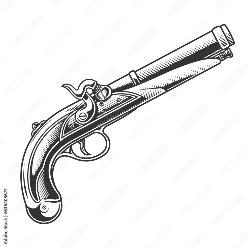 Vintage pistol. Vector illustration in engraving technique of old ...