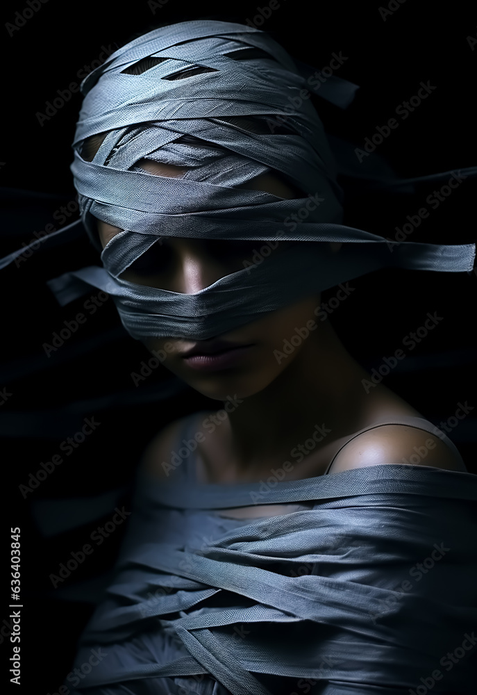 fashion model in white fabrics like mummies, disorder, patient, masked ...