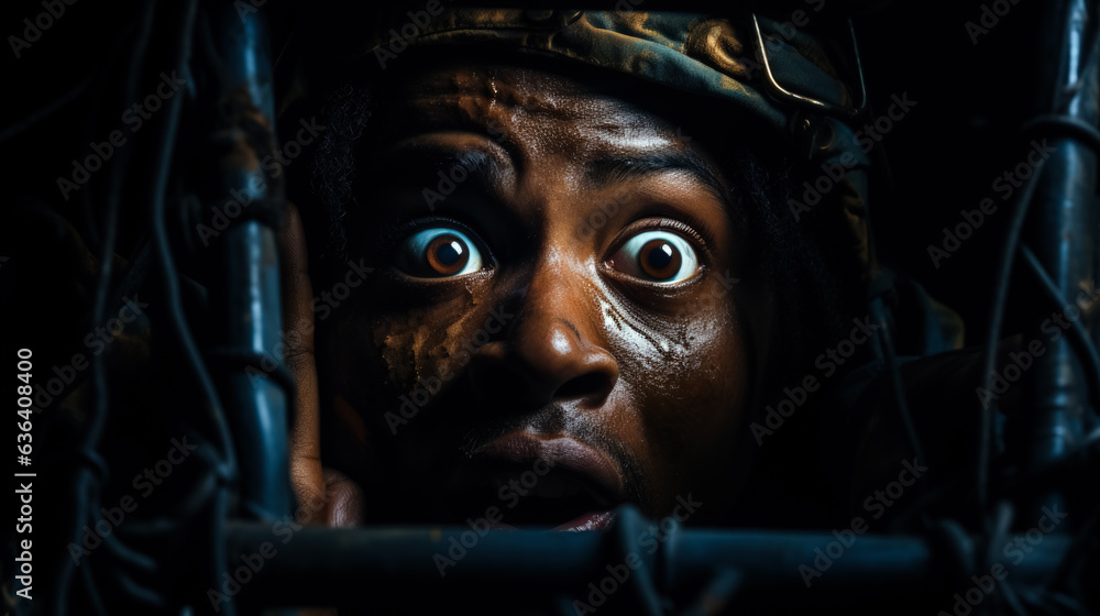 Being trapped in a confined space confused face on dark background with ...