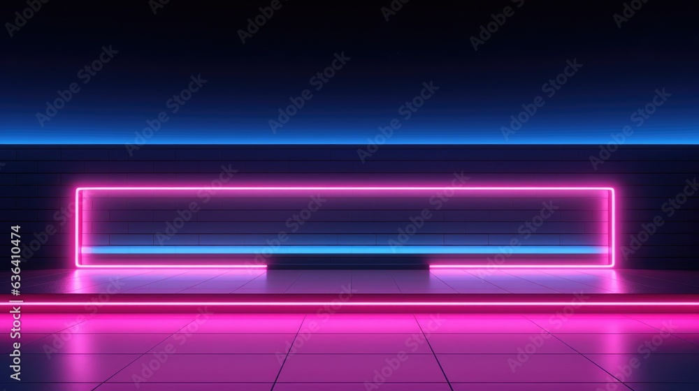 A neon square frame blazes vividly on the façade of a futuristic ...