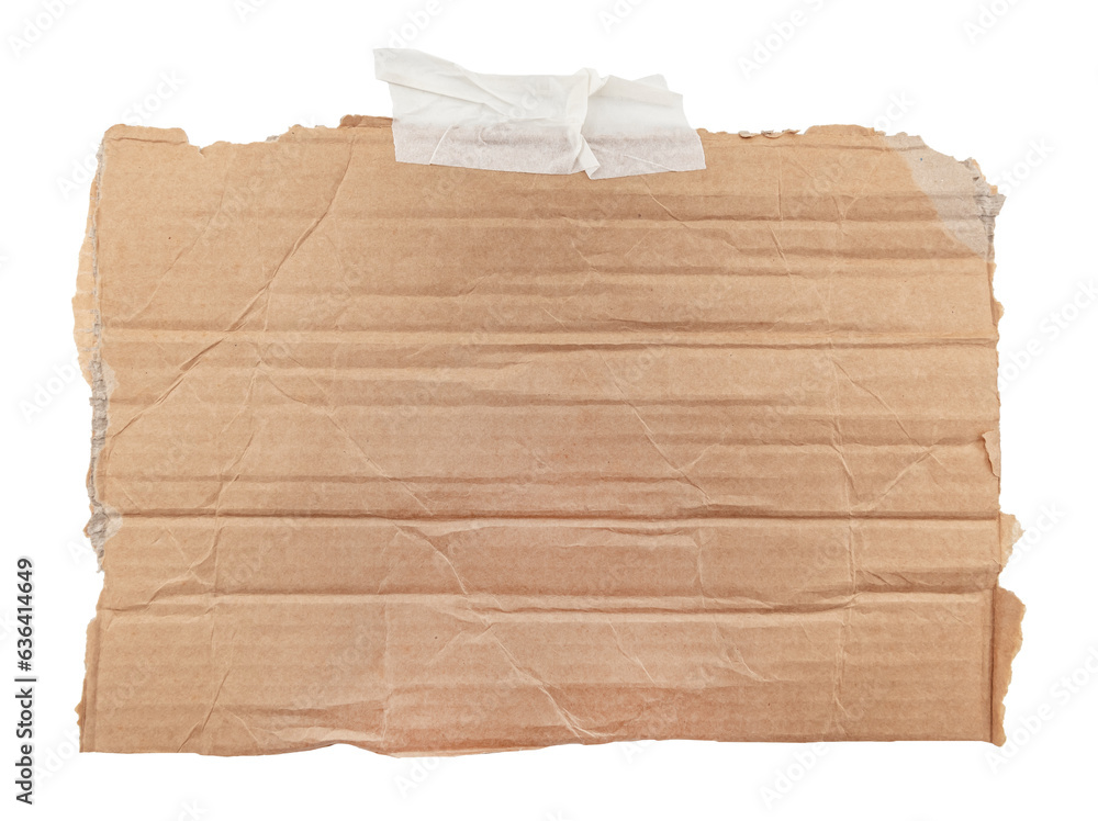 A torn piece of cardboard with tape on a white background. Box ...