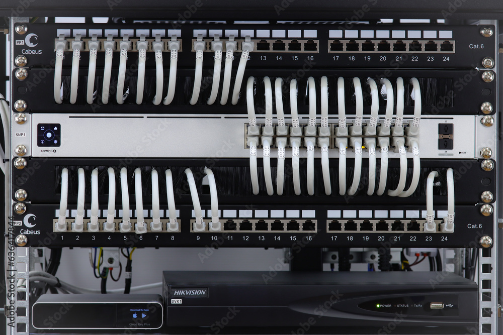 Telecommunication rack with Ethernet switch, video surveillance system ...