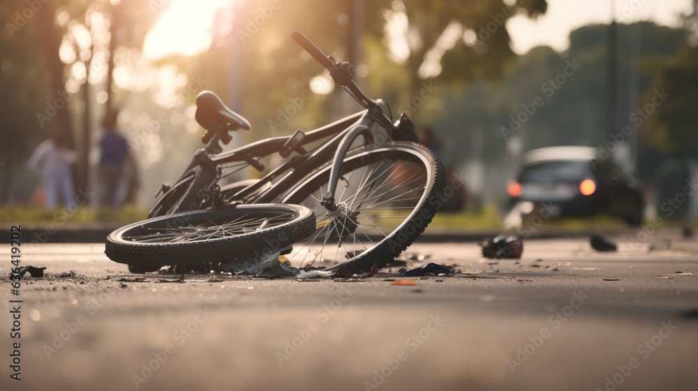 Road accident scene with destroyed bike. Bicycle crash on roadside ...