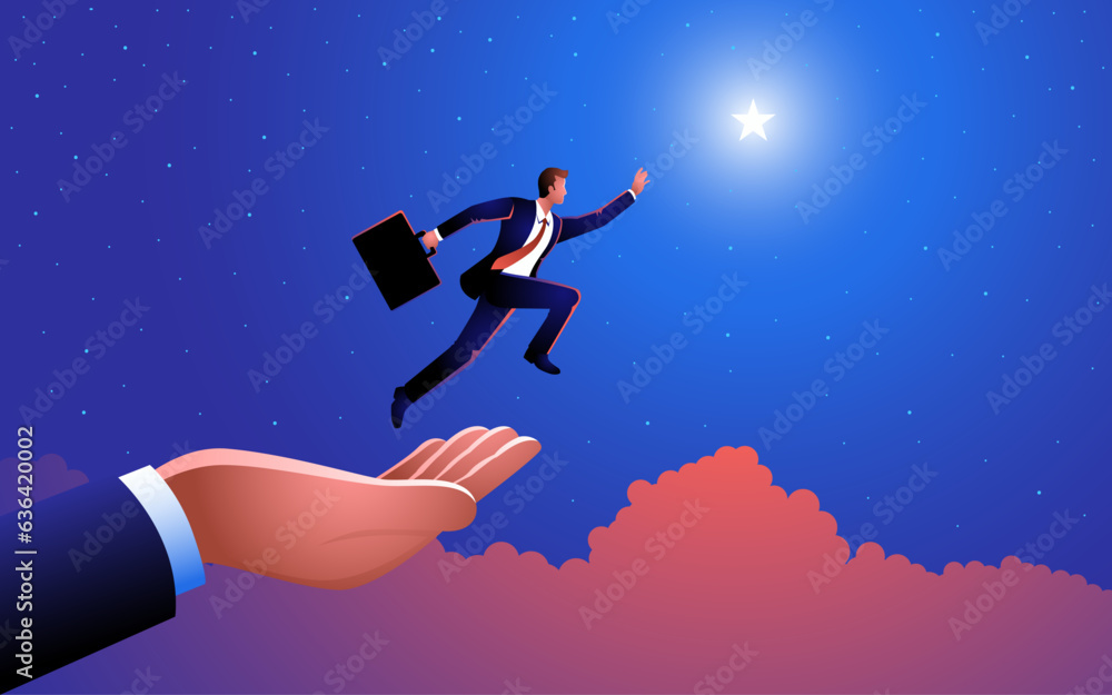 Reaching for the stars, this vector illustration features a giant hand ...