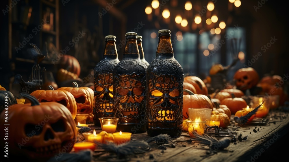 brews of the bewitched night: fresh beer bottles adorned with halloween ...