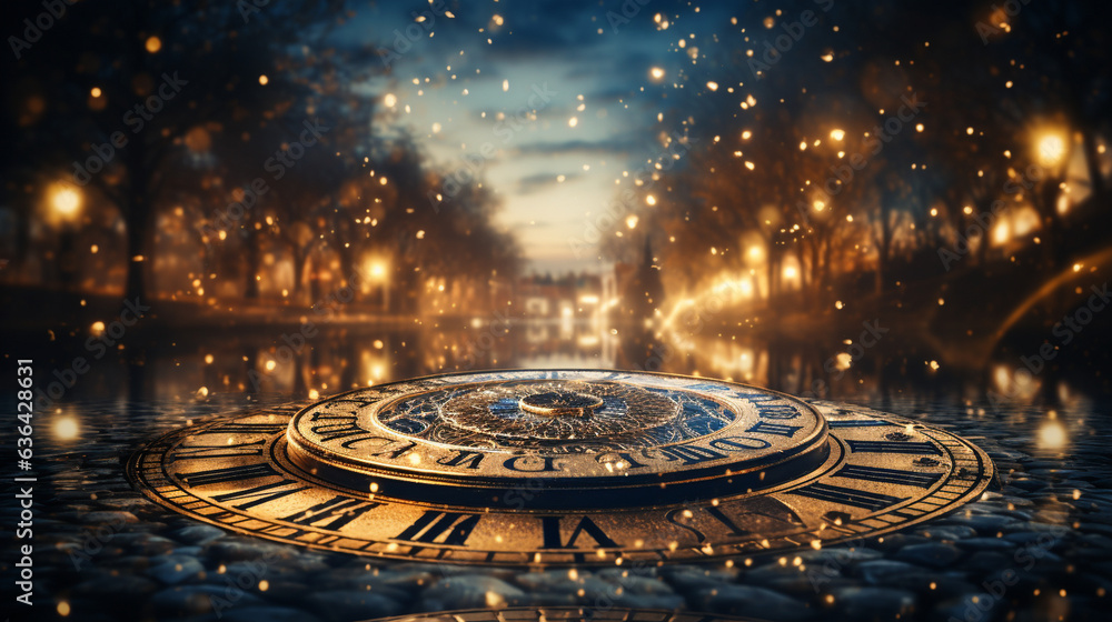 An artistic composition of a clock face, its hands approaching midnight ...