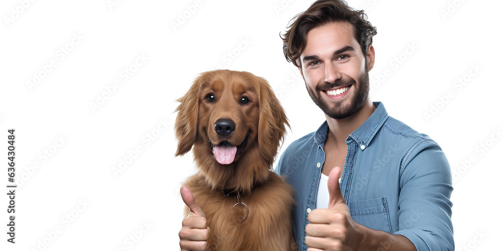 Happy handsome man showing thumbs up, sitting with his happy dog ...