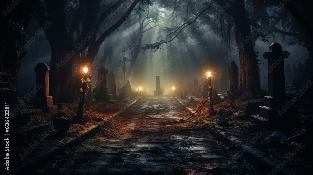 Glowing pathway through a foggy graveyard adorned with spooky ...