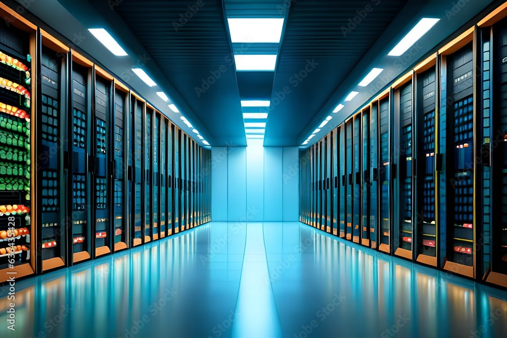 Shot of Dark Data Center With Multiple Rows of Fully Operational Server Racks. Modern ...