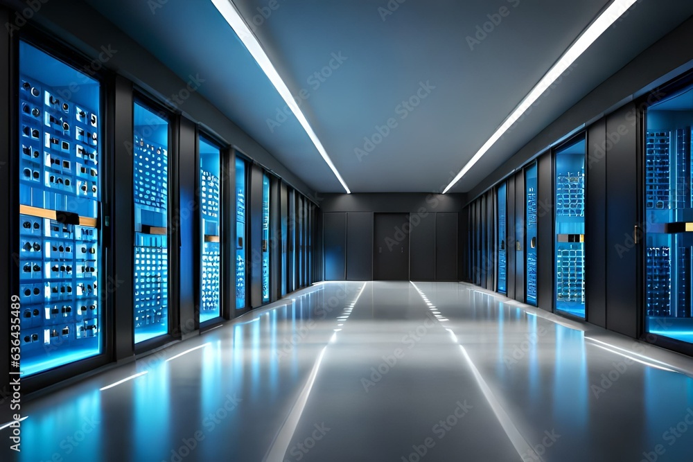 Shot of Dark Data Center With Multiple Rows of Fully Operational Server ...