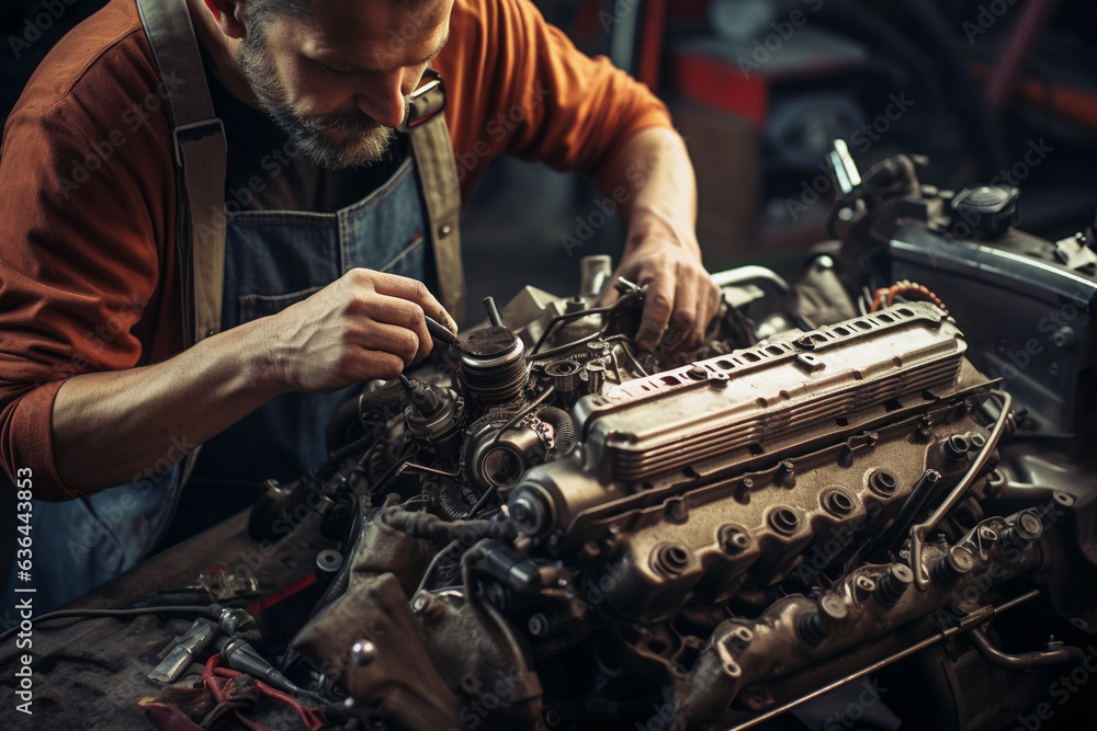 auto mechanic repairs engine in auto repair shop. AI Generated. Stock ...
