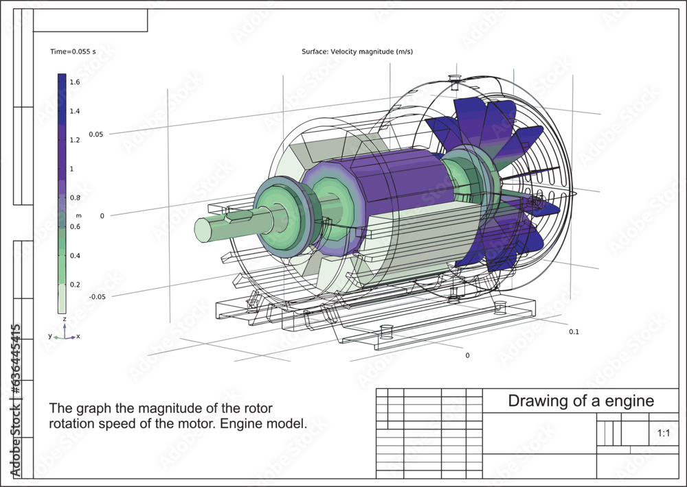 Vector drawing. The graph the magnitude of the rotor rotation speed of the motor. Engine model ...