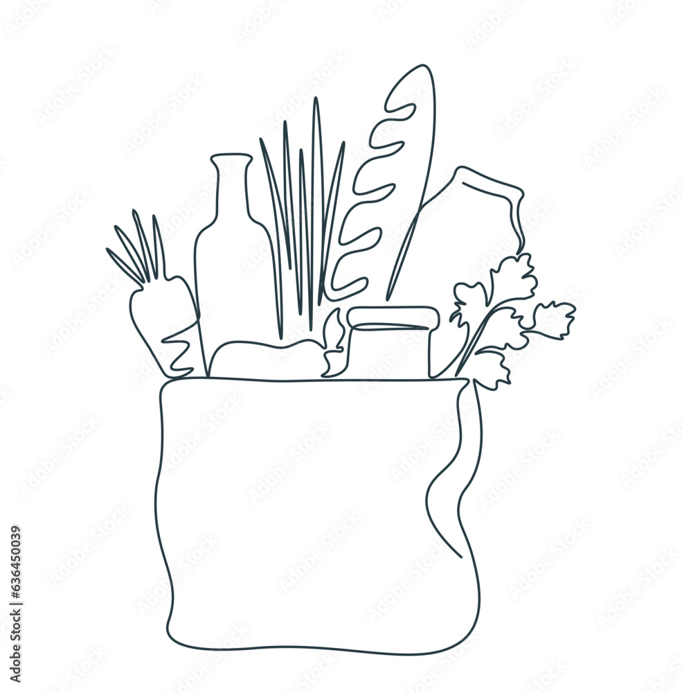 Paper bag with products in single continuous line. One line drawing of ...