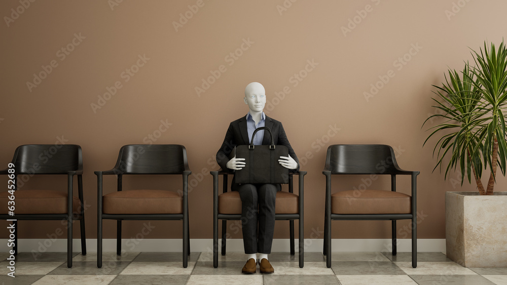 Futuristic female android robot sitting on a chair and waiting for a ...