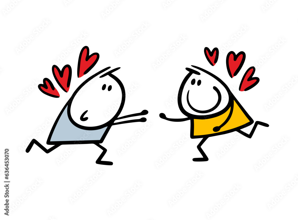Cartoon stick figure man and woman, arms outstretched, run to hug each ...