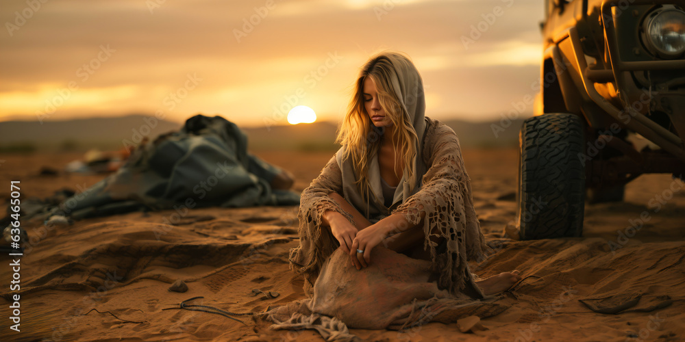 beautiful and mysterious woman sitting in the wasteland next to a ...