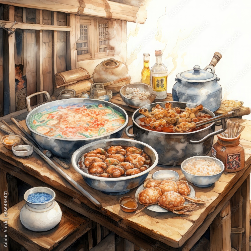 Illustrated traditional Taiwanese cuisine in the style of watercolor ...