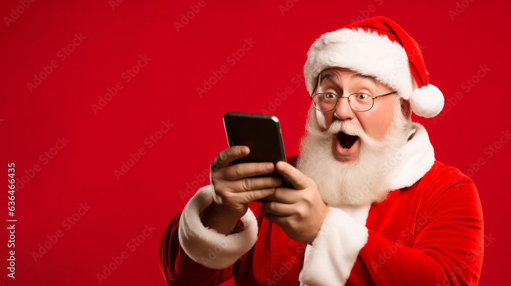 Surprised Santa Claus looks at phone at his hands on a red background ...