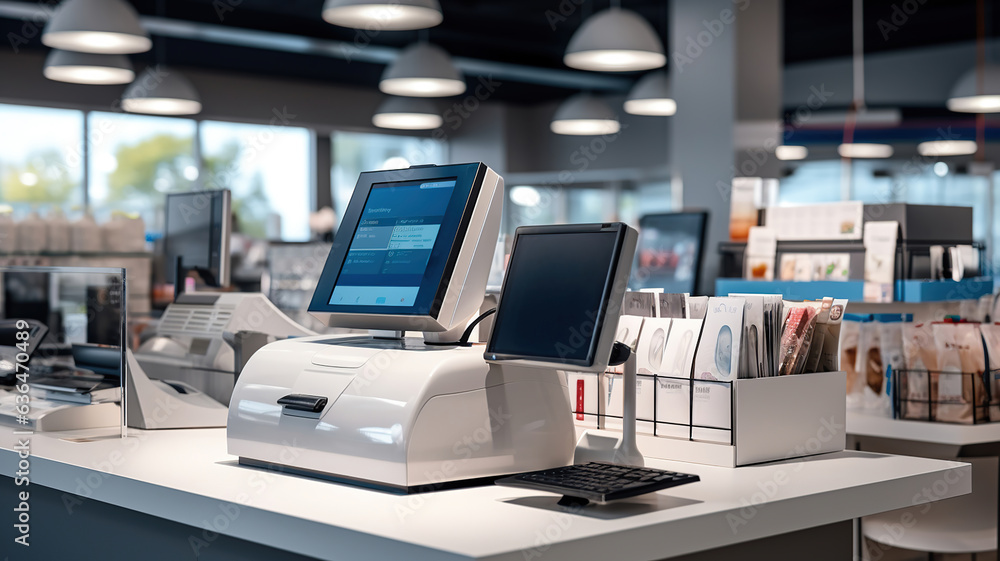 The checkout counter with cash registers and lines forming Stock ...