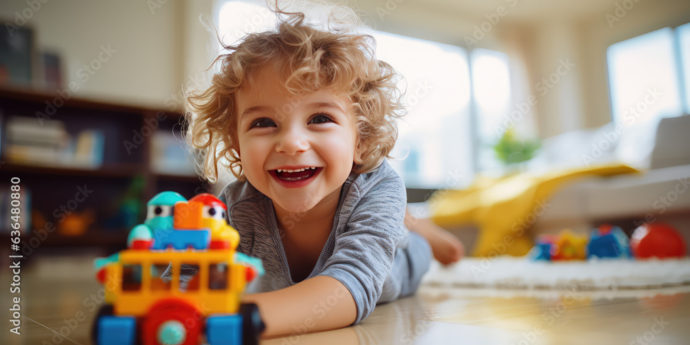 Happy European kid having fun playing with toy bricks constructor at ...