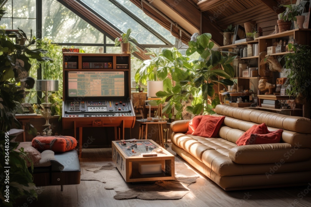 Retro Gaming Lounge: A gaming-themed living room with a wooden-framed ...