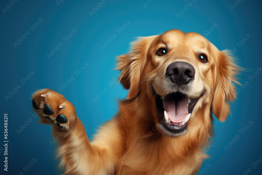 Heartwarming moment captures a happy dog waving its paw in a cheerful ...