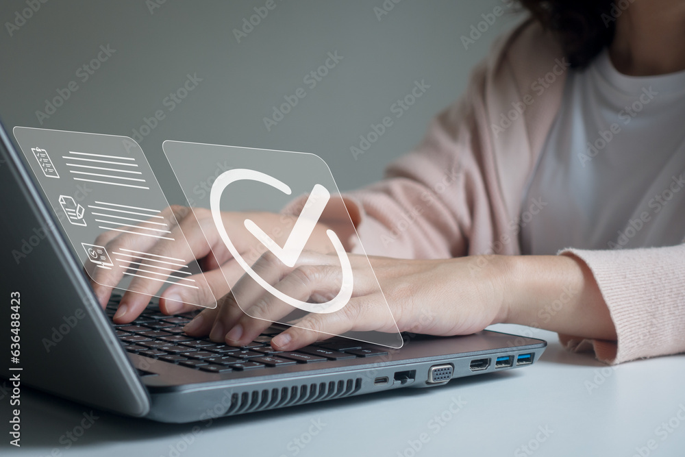 Certification for quality control, business people working on laptop ...