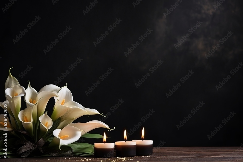 Funeral concept, elegant sympathy card with callas flowers and candles ...