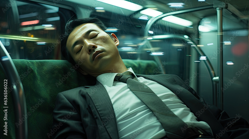 Japanese businessman falling asleep on a metro train subway at night ...