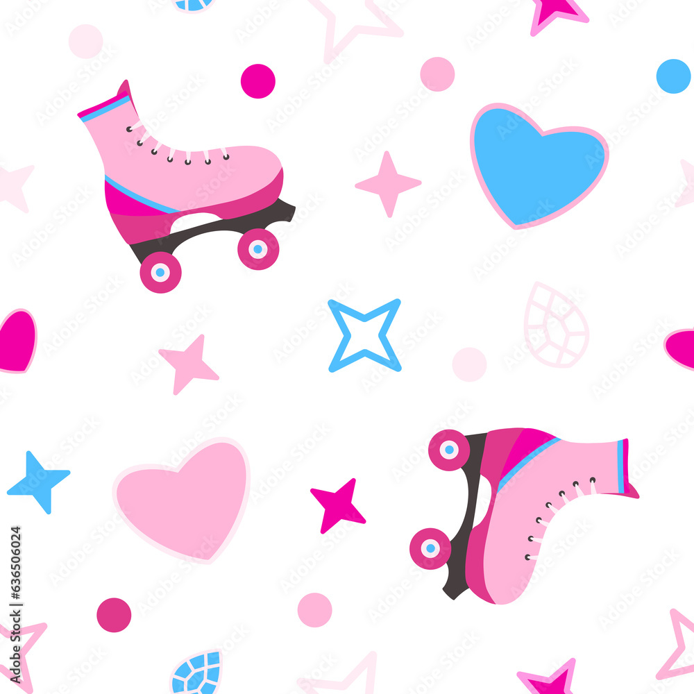Roller skates seamless pattern with hand drawn girlish symbols on white ...