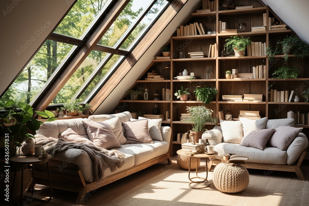 The interior of the attic living room with light shining from large ...
