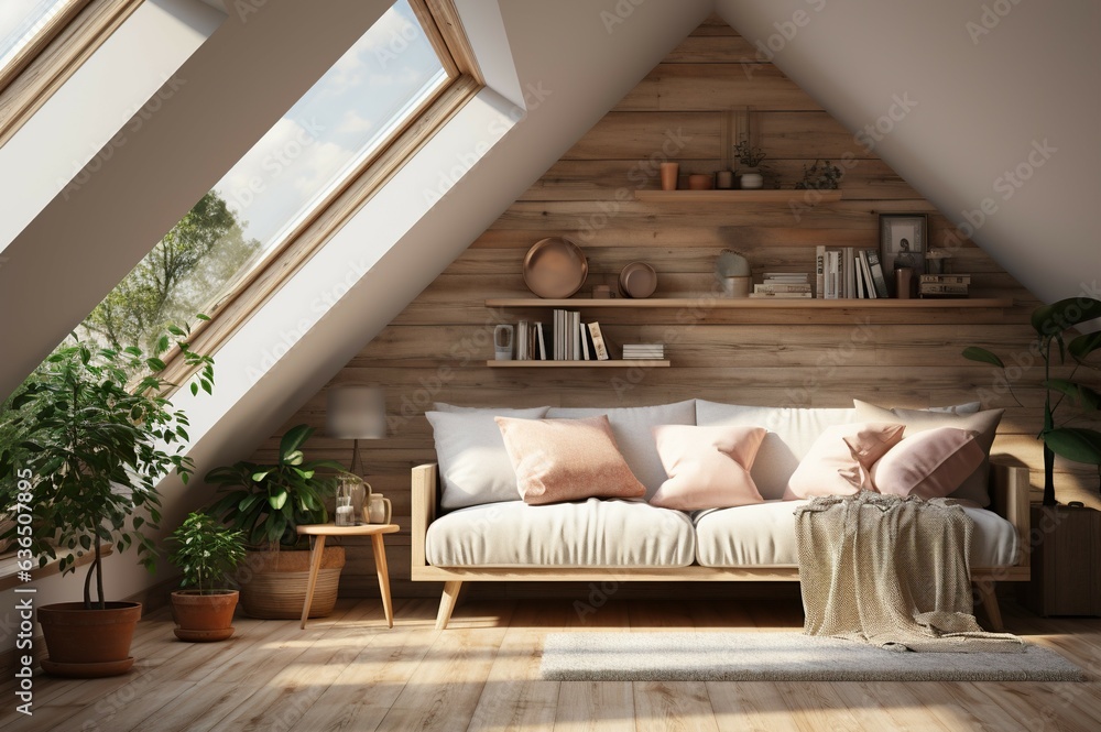 The interior of the attic living room with light shining from large ...