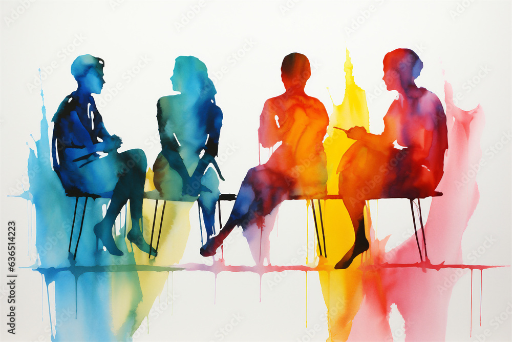 Watercolor Painting of a Group Therapy Session, Mental Health Concepts ...