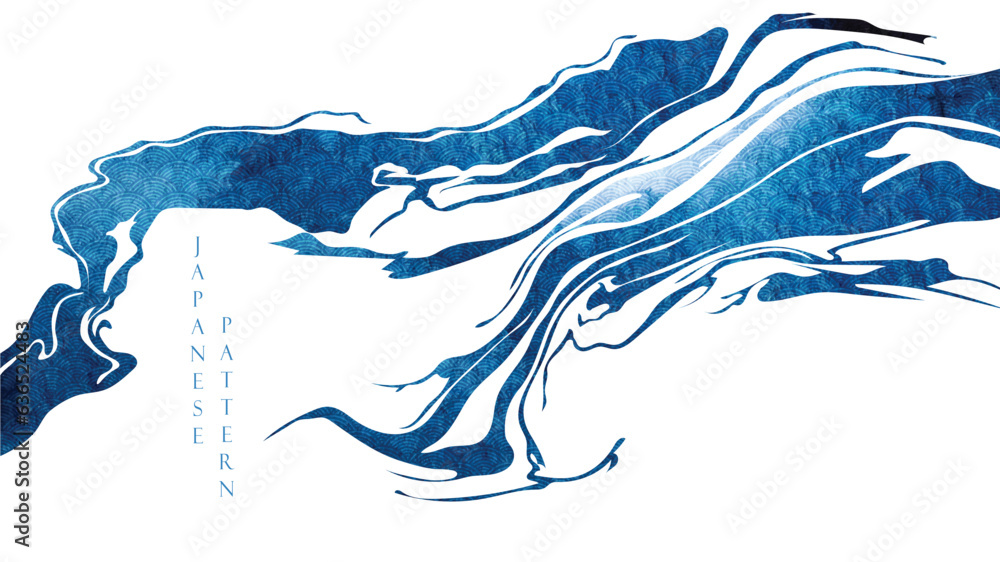 Blue brush stroke texture with Japanese ocean wave pattern in vintage ...