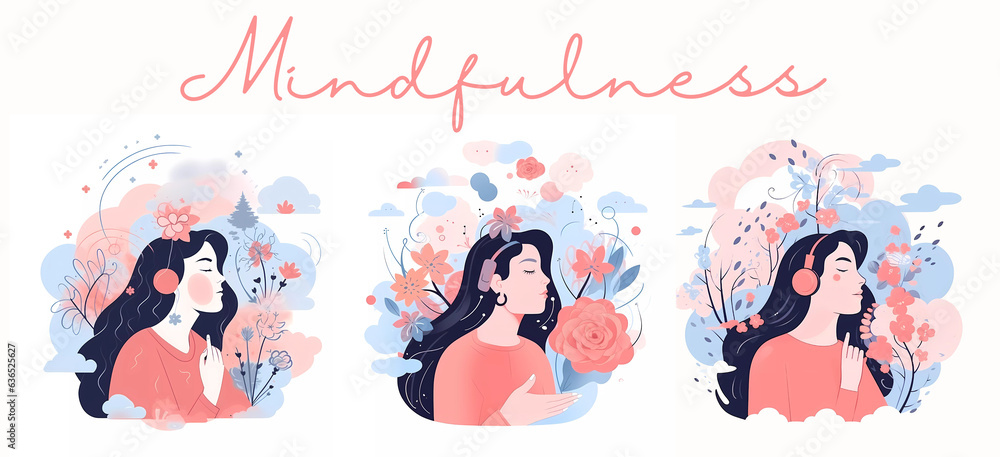 Collection of mindfulness women with flower background.mindfulness ...