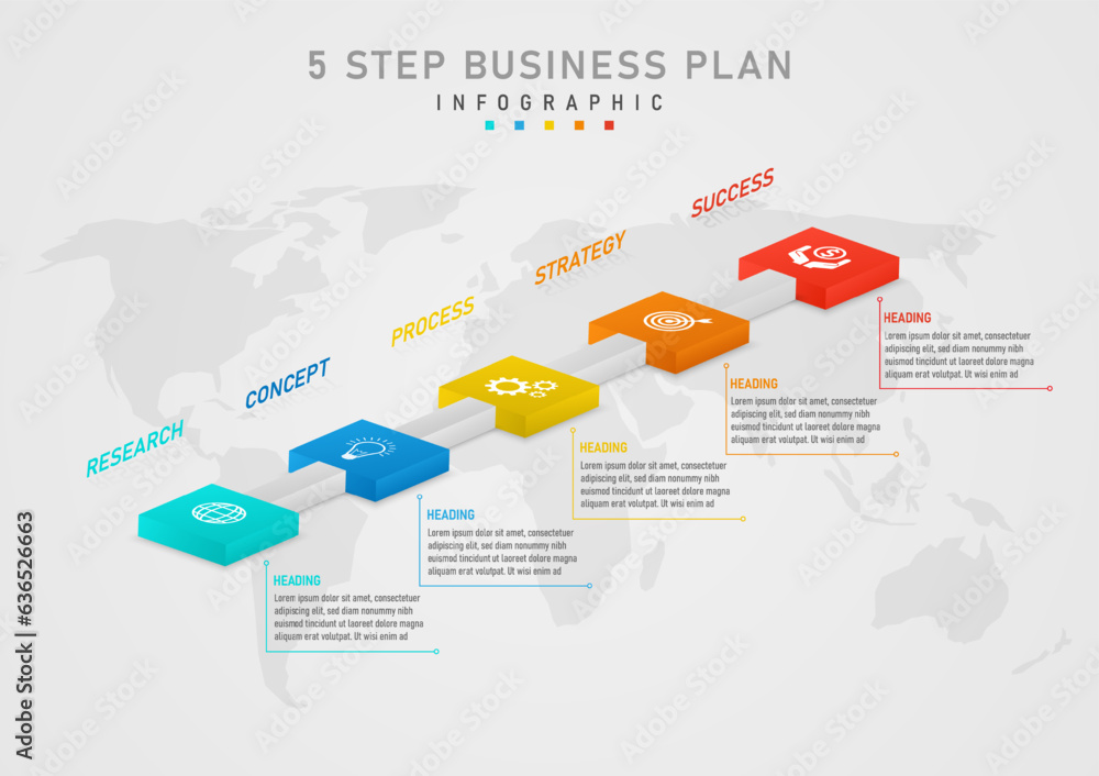 3D multi colored square business plan infographic template 5 steps with ...