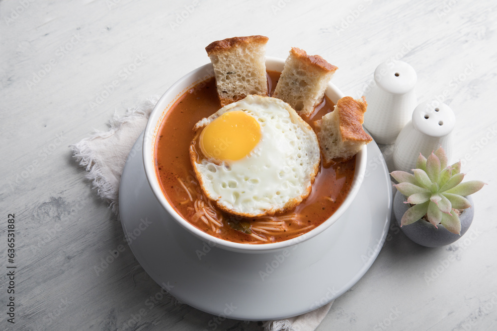 Sopa criolla a la minuta peruvian beef soup food with fried egg Stock ...