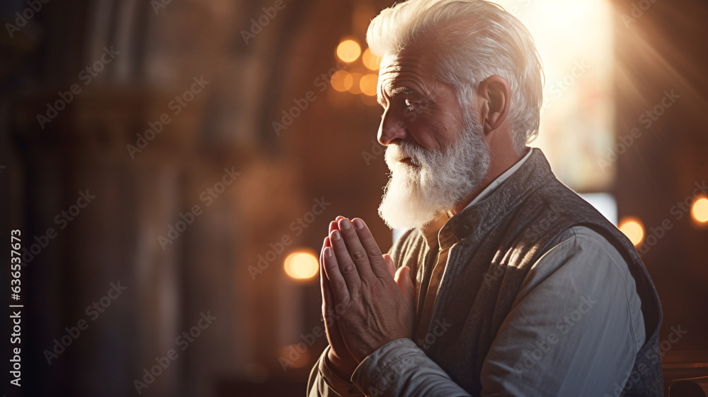 old man prayer sitting in church. man praying for god in the church and ...