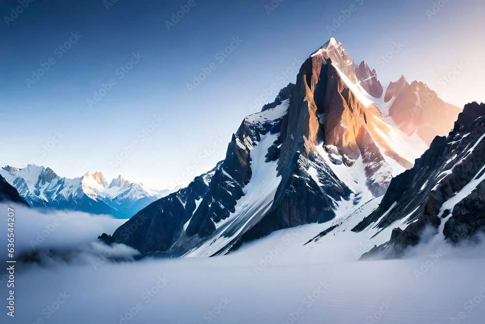 A majestic view of snow-covered mountain peaks rising above the clouds ...