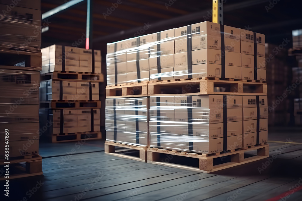 Package Boxes Wrapped Plastic Stacked on Pallets in Storage Warehouse ...