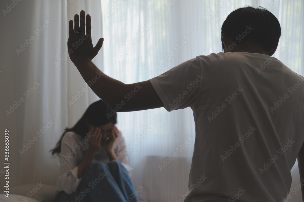 Upset woman having a fight with a man at home. Hispanic wife slapping ...